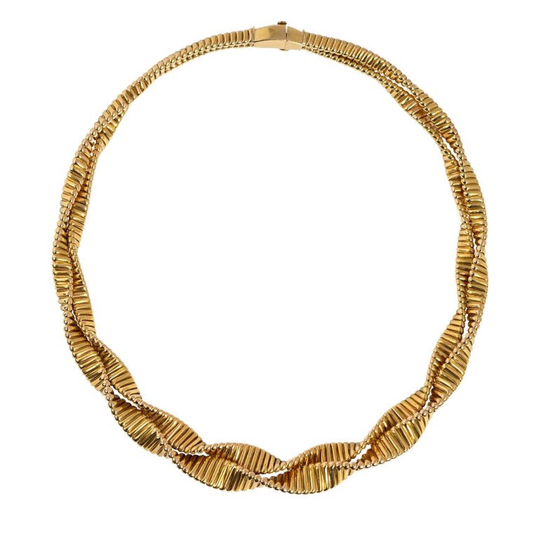 French 1940s Gold Twisted Gas Pipe Necklace For Sale at 1stDibs