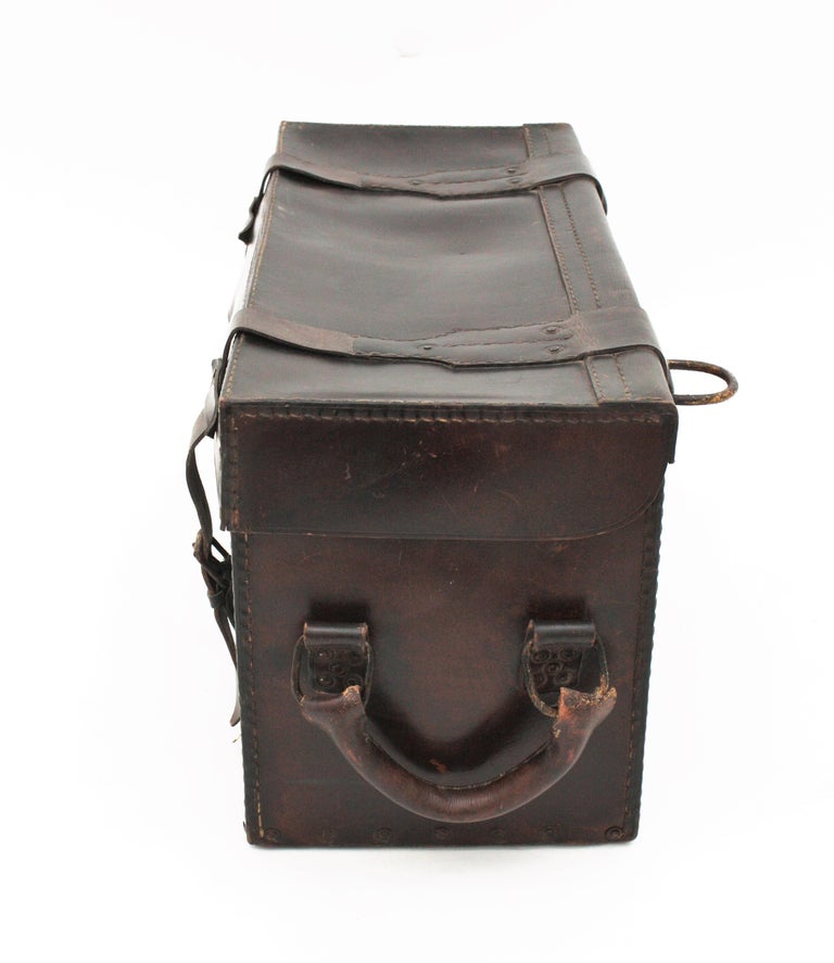 French Trunk in Brown Leather with Handles For Sale at 1stDibs