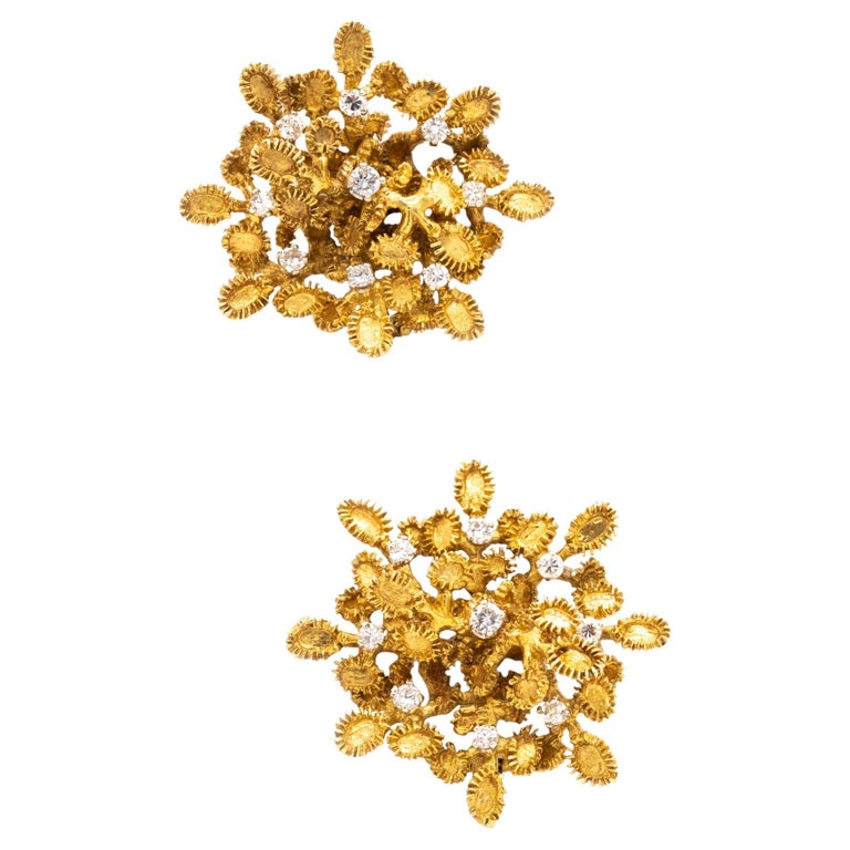 French 1950 Post War Retro Earrings 18Kt Gold and Platinum 1.08 Cts in ...