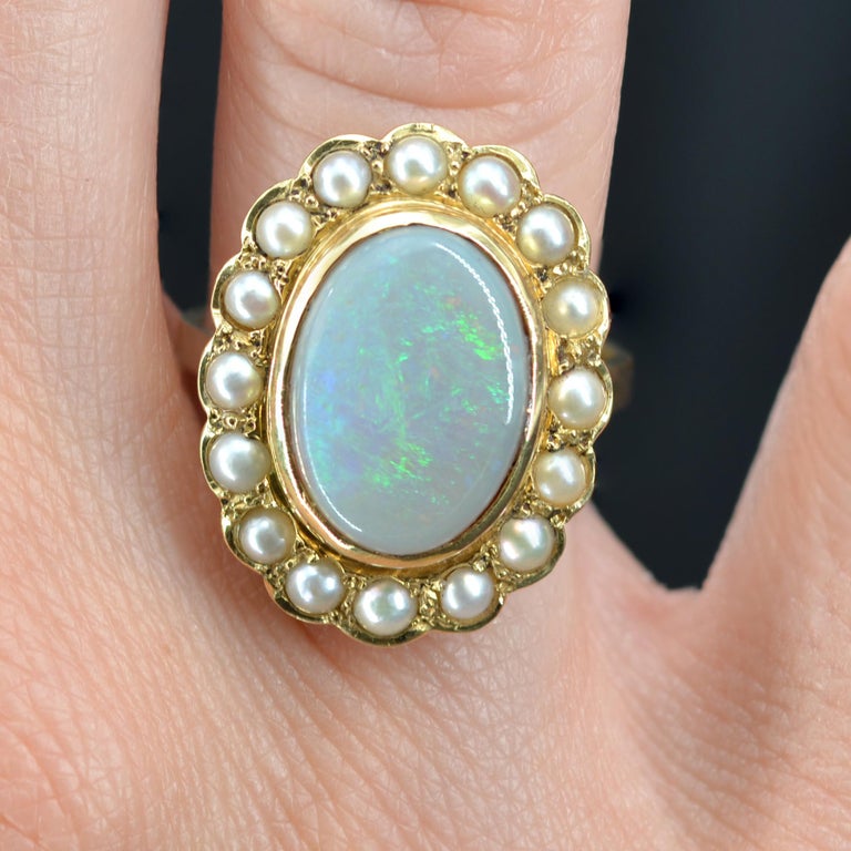 French 1950s 2.30 Carat Opal Pearl 18 Karat Yellow Gold Cluster Ring ...