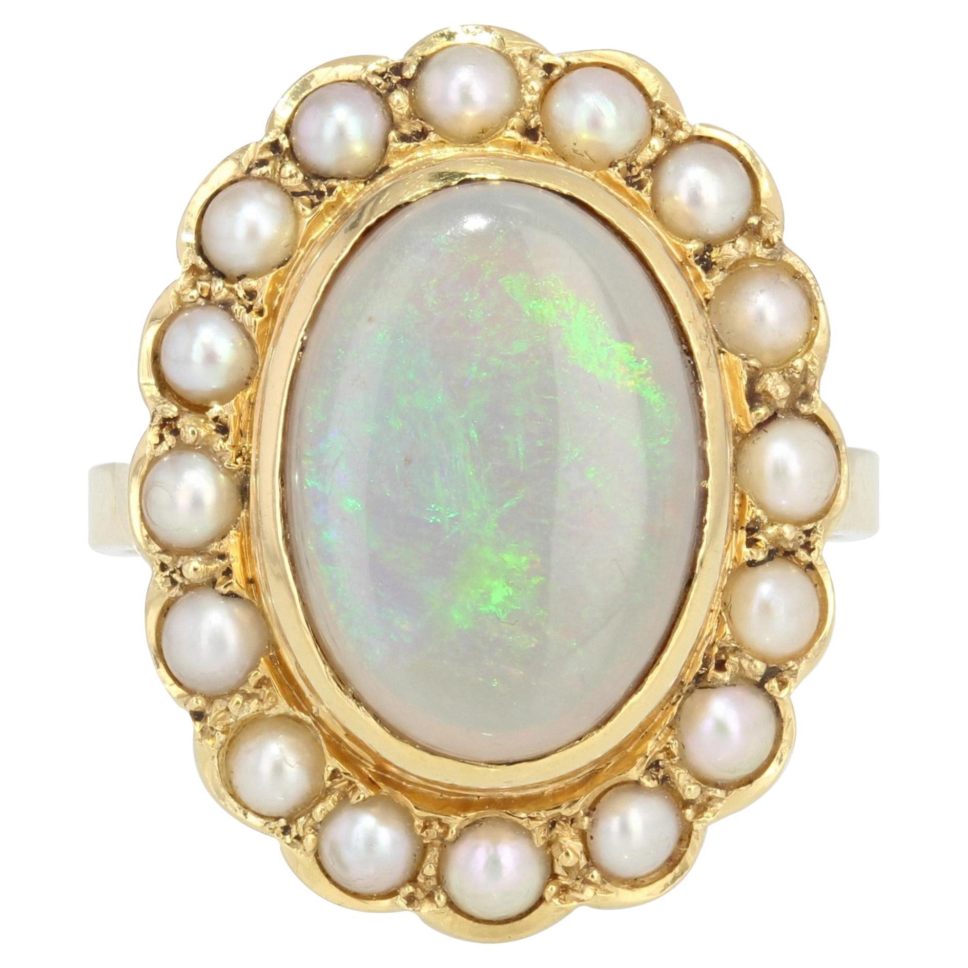 19th Century 0.79 Carat Opal Natural Pearls 18 Karat Yellow Gold Ring ...