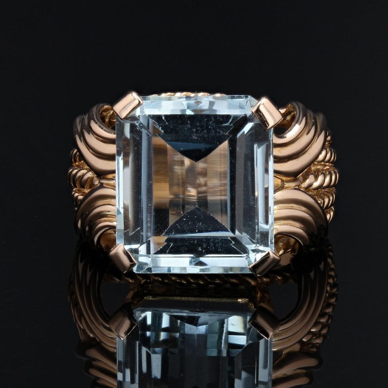 French 1950s 7, 80 Carats Aquamarine 18 Karat Rose Gold Retro Ring For ...