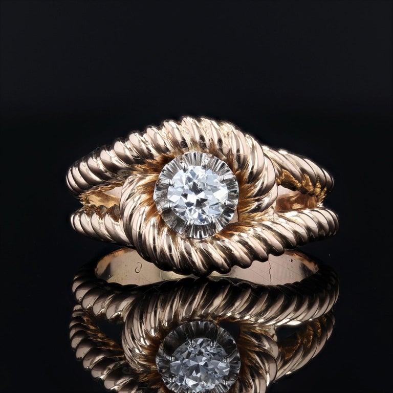 French 1950s Diamond 18 Karat Rose Gold Gadrooned Knot Ring For Sale at ...