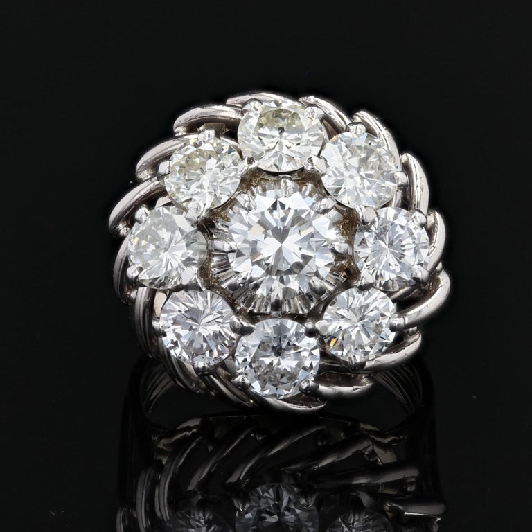 French, 1950s Diamonds 18 Karat White Gold Platinum Wire Daisy Ring For ...