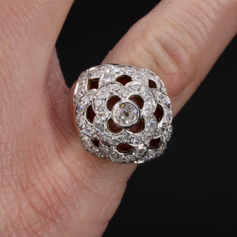 French 1950s Diamonds 18 Karat Yellow Gold Platinum Openwork Flower ...