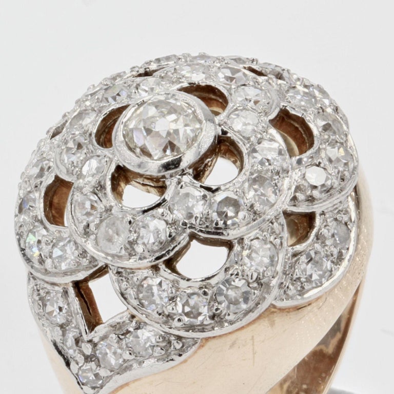 French 1950s Diamonds 18 Karat Yellow Gold Platinum Openwork Flower ...