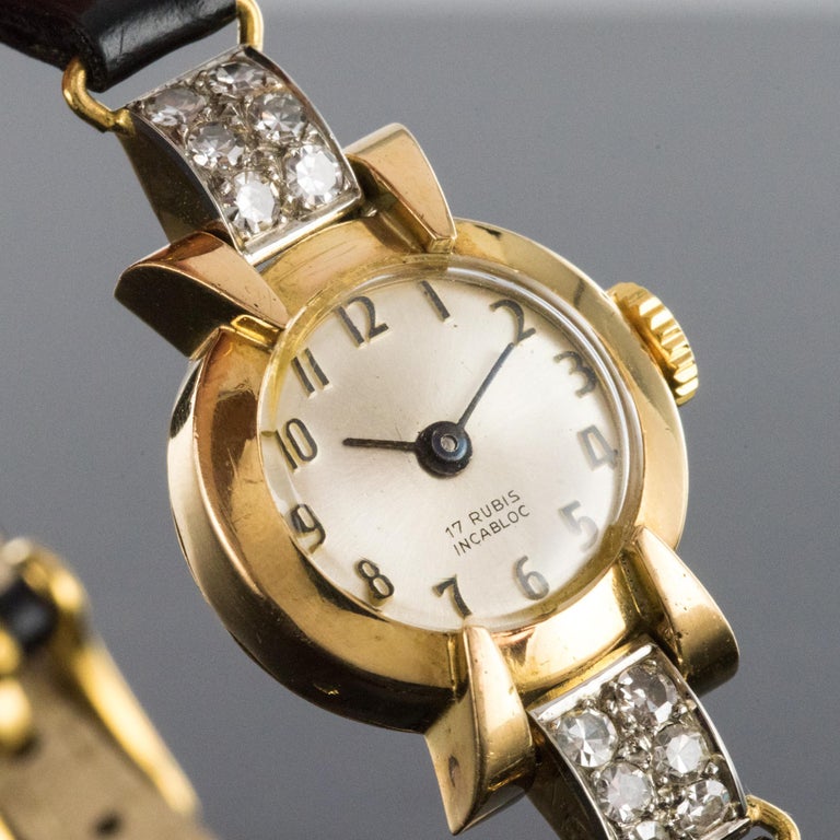 French 1950s Diamonds 18 Karat Yellow Gold Women Watch For Sale at 1stdibs