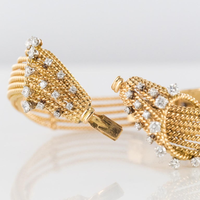 French 1950s Diamonds Platinum 18 Karat Yellow Gold Thread Bracelet For ...