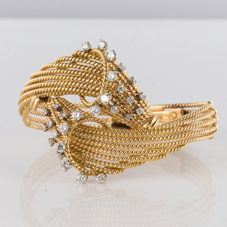 French 1950s Diamonds Platinum 18 Karat Yellow Gold Thread Bracelet For ...