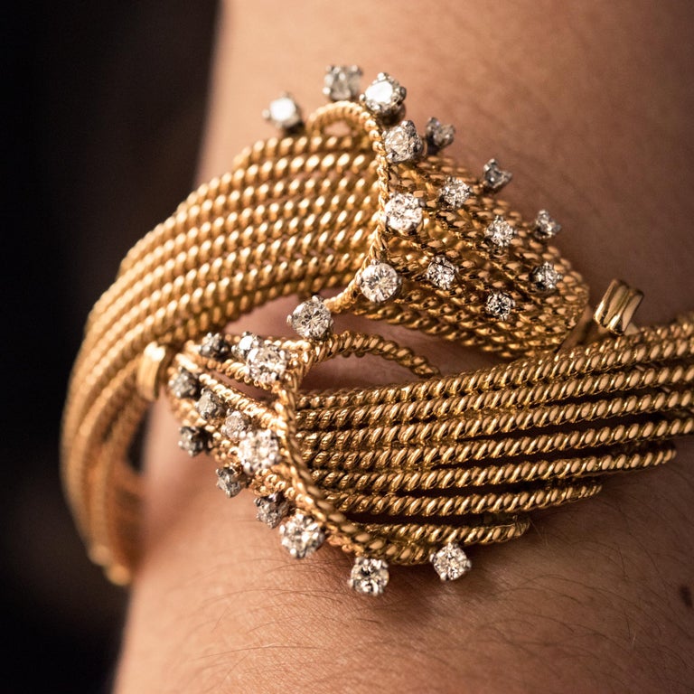 French 1950s Diamonds Platinum 18 Karat Yellow Gold Thread Bracelet For ...