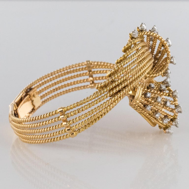 French 1950s Diamonds Platinum 18 Karat Yellow Gold Thread Bracelet For ...