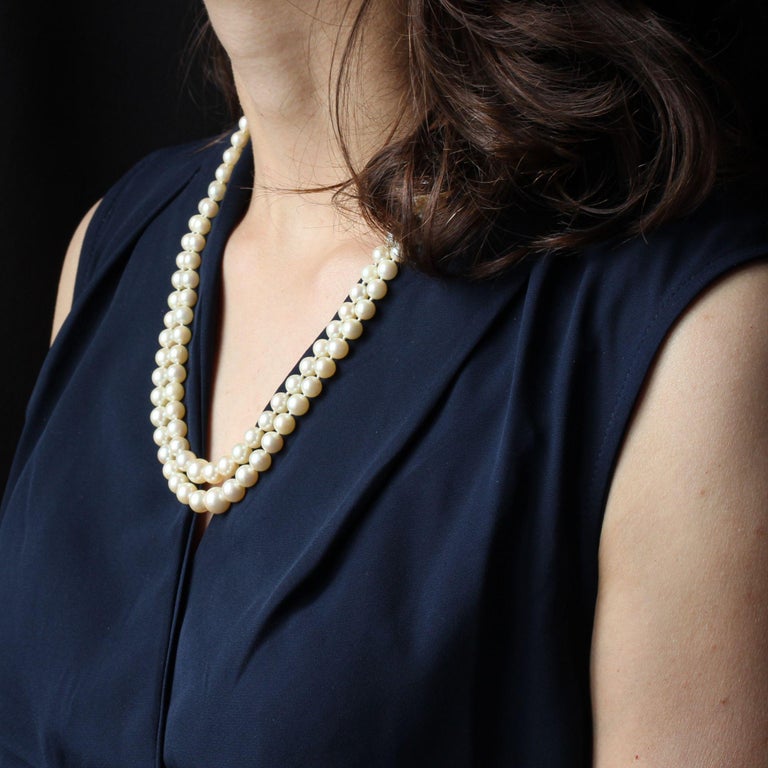 French 1950s Double Row Cultured Falling Pearl Necklace at 1stDibs