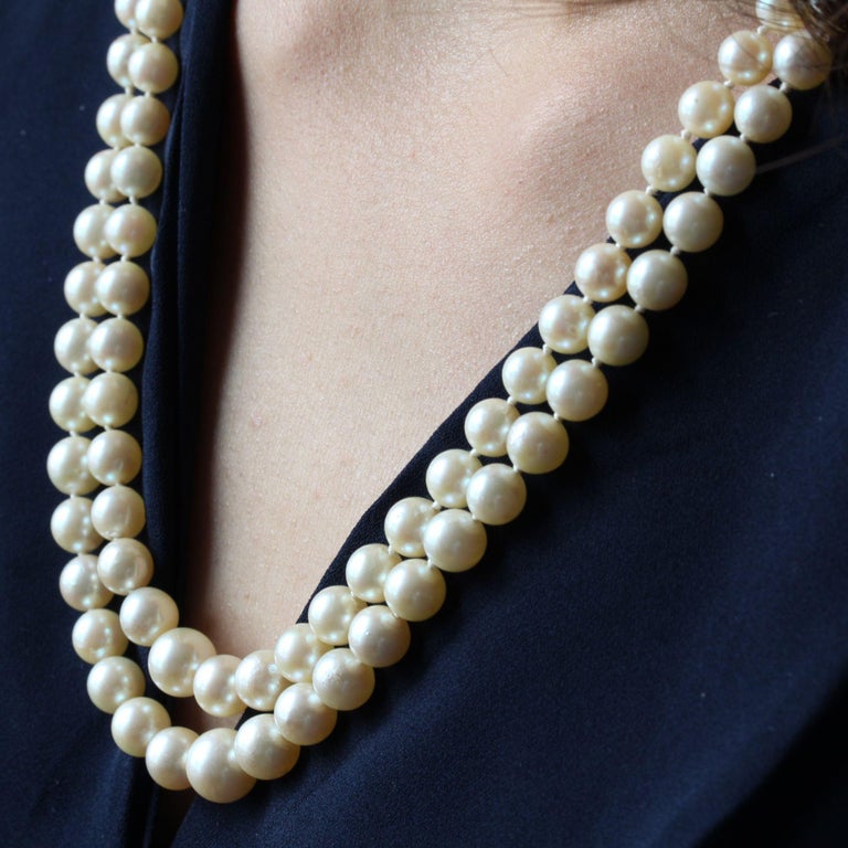 French 1950s Double Row Cultured Falling Pearl Necklace at 1stDibs