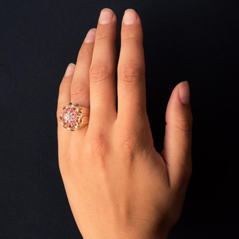 French 1950s Ruby Diamonds Intertwined 18 Karat Gold Threads Ring For ...