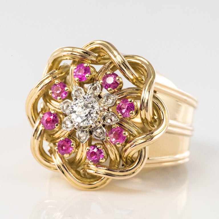 French 1950s Ruby Diamonds Intertwined 18 Karat Gold Threads Ring For ...