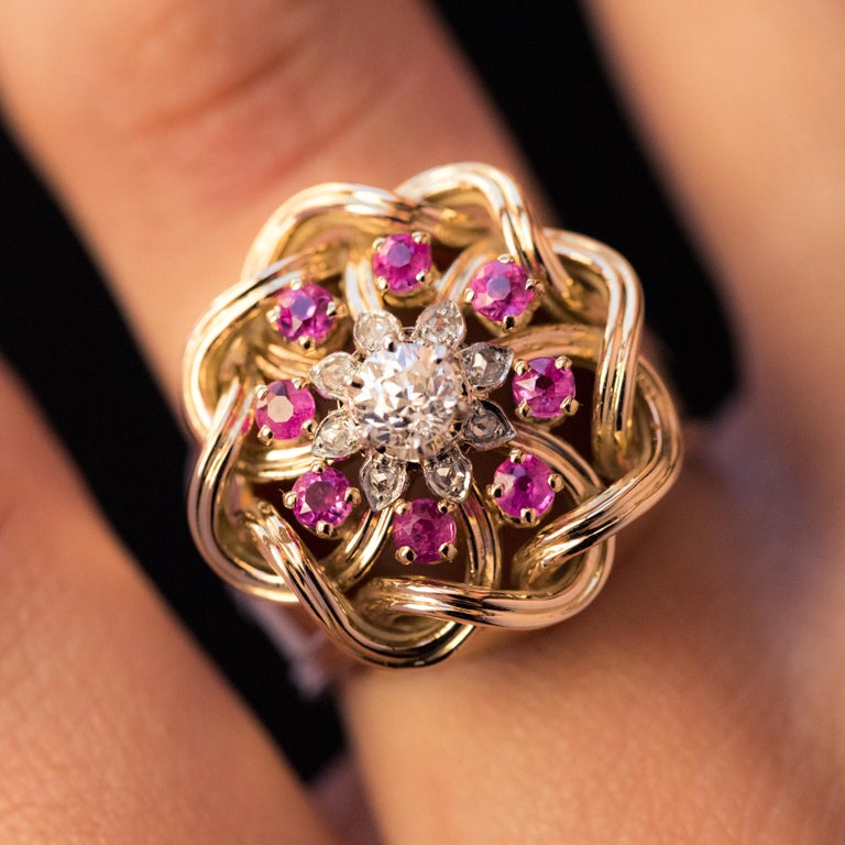 French 1950s Ruby Diamonds Intertwined 18 Karat Gold Threads Ring For ...