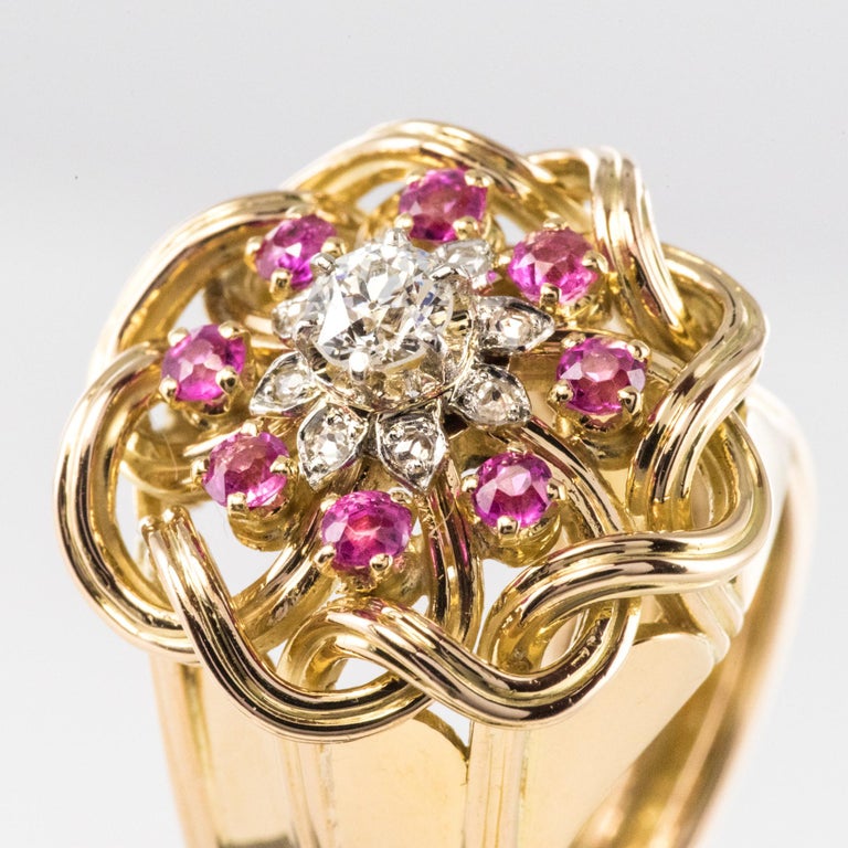 French 1950s Ruby Diamonds Intertwined 18 Karat Gold Threads Ring For ...