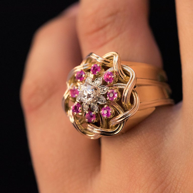 French 1950s Ruby Diamonds Intertwined 18 Karat Gold Threads Ring For ...
