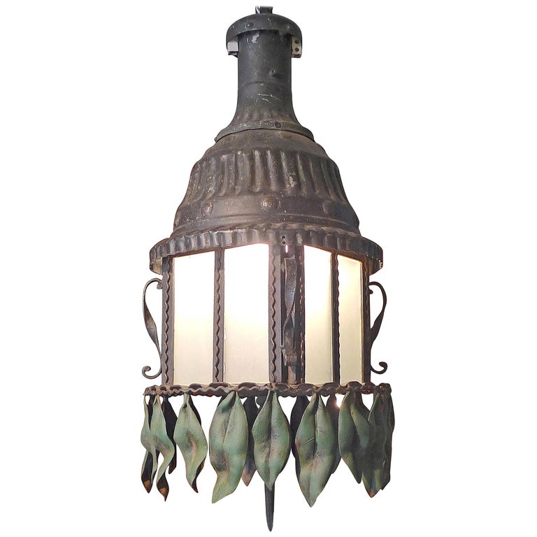 French 1950s Wrought Iron Single Light Lantern with 8 Panels of Frosted ...