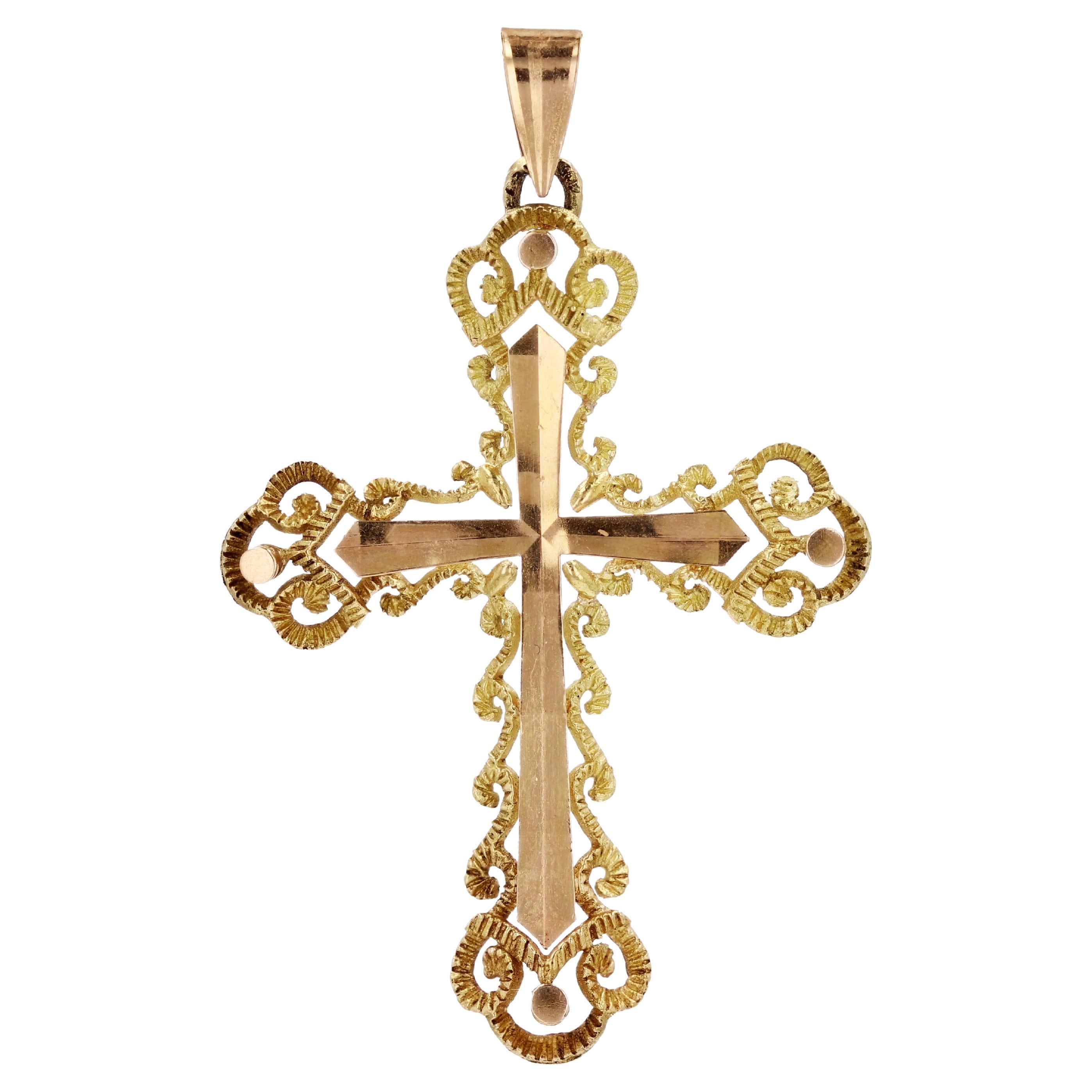 French 1960s 18 Karat Rose and White Gold Cross Pendant For Sale at 1stDibs