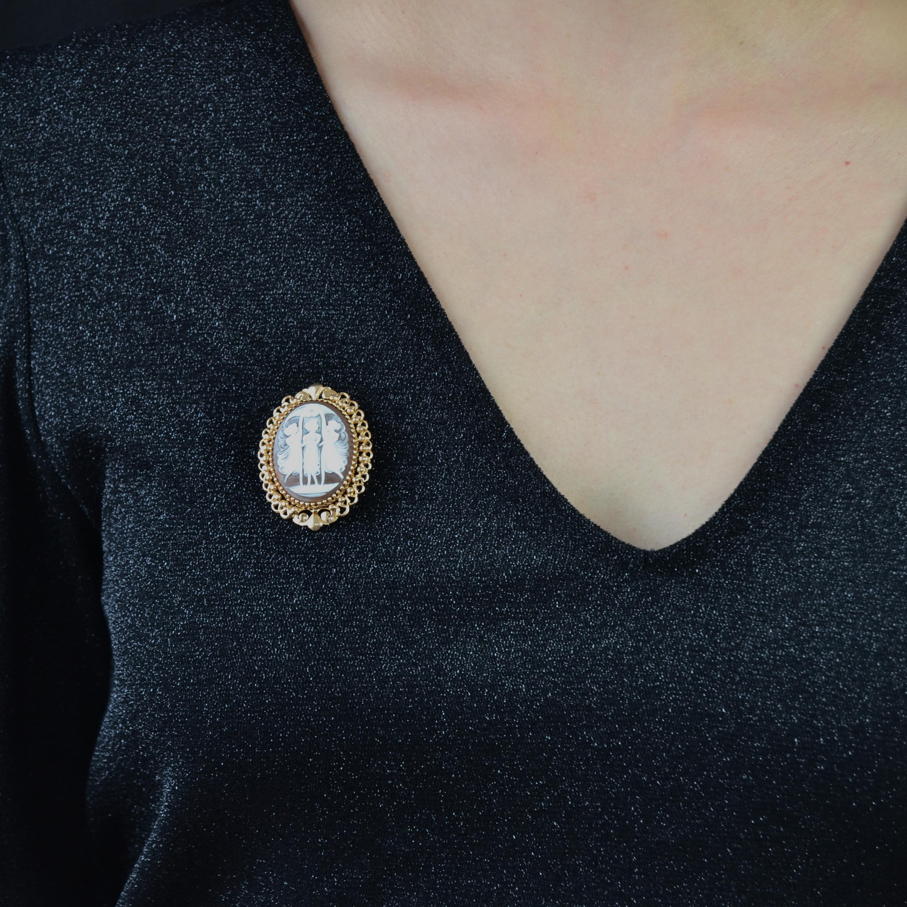 French 1960s Dance of the 3 Graces Cameo Brooch Pendant For Sale at 1stDibs