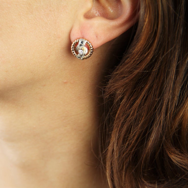 French 1960s Diamonds 18 Karat Rose White Gold Earrings For Sale at 1stDibs