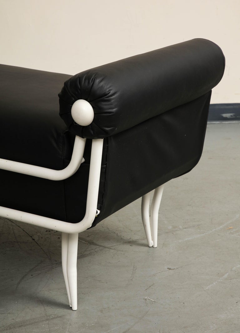 French 1960s Rene Prou Style White Painted Iron and Black Leather ...