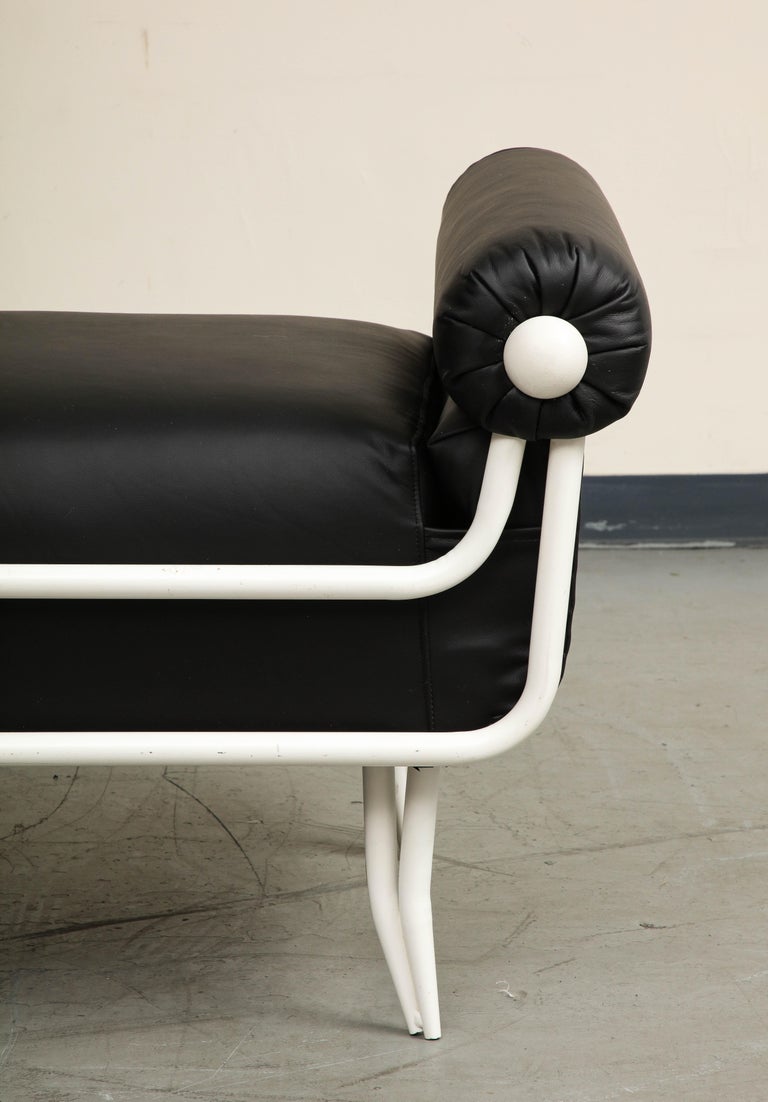 French 1960s Rene Prou Style White Painted Iron and Black Leather ...