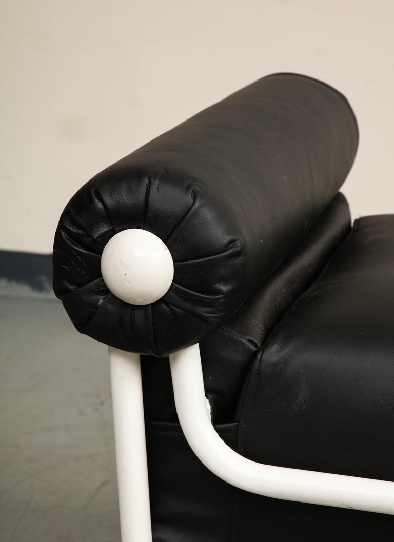 French 1960s Rene Prou Style White Painted Iron and Black Leather ...