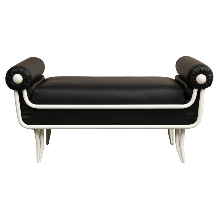 French 1960s Rene Prou Style White Painted Iron and Black Leather ...