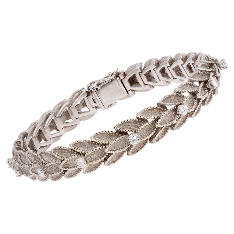 French 1970s Diamonds 18 Karat White Gold Feather Bracelet For Sale at ...