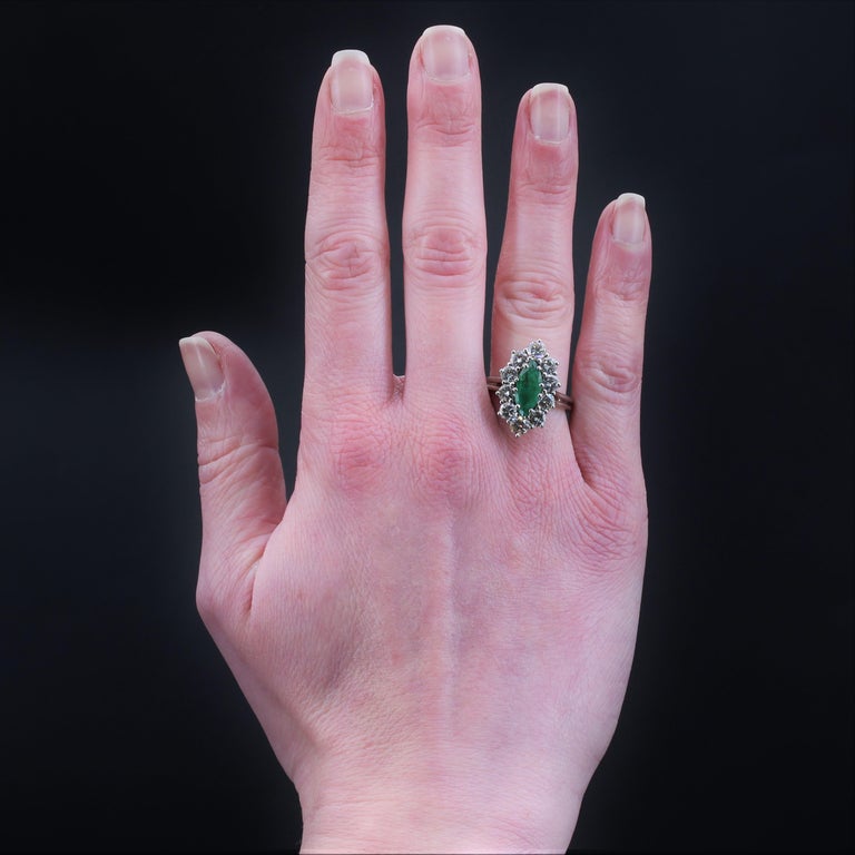 French 1970s Emerald Diamonds 18 Karat White Gold Marquise Ring For ...