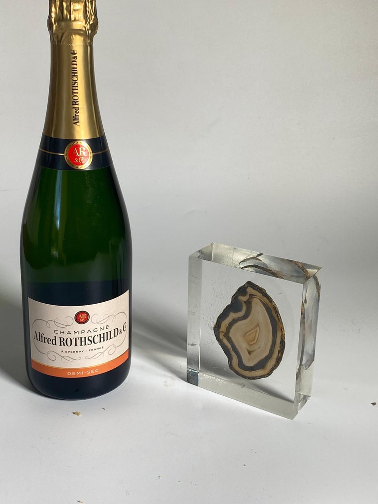 French, 1970s, Lucite Resin Cube Sculpture with Agate Stone For Sale at ...