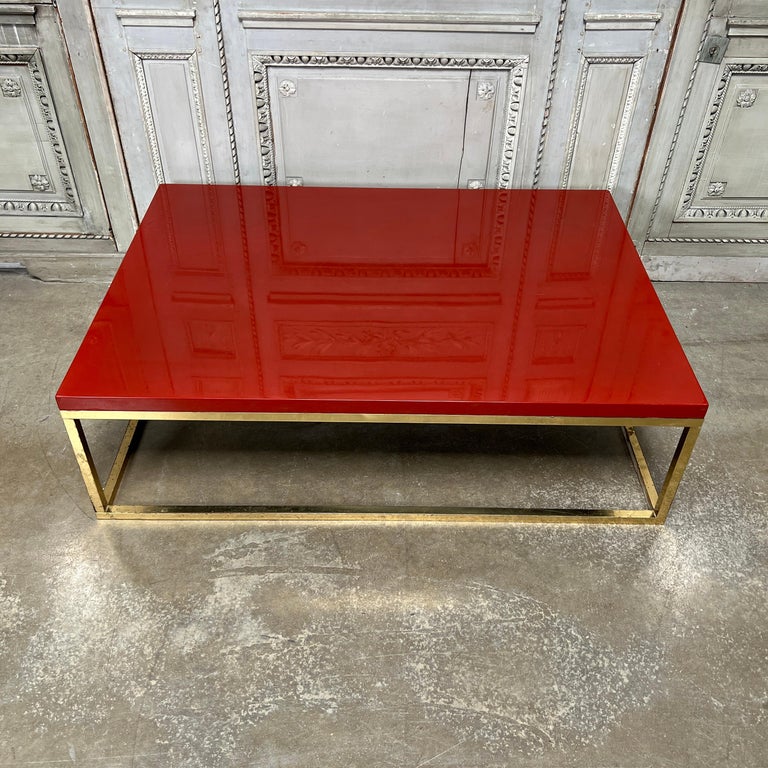 French 1970s Red Lacquer and Brass Coffee Table For Sale at 1stDibs