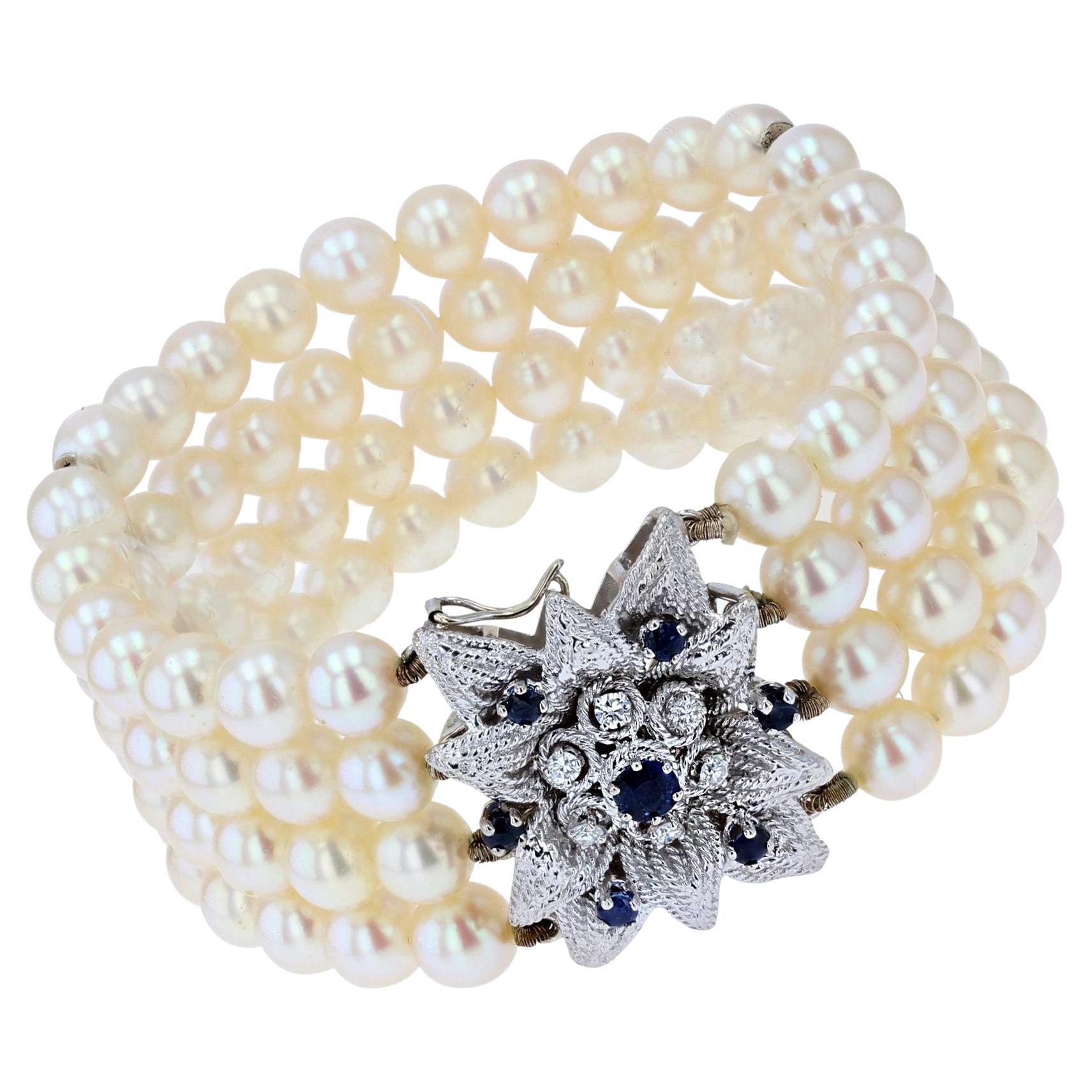Three-Strand Pearl Bracelet with 18 Karat White Gold and Diamond Clasp ...