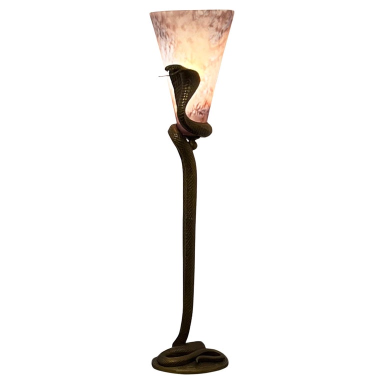 French 1970s Snake Table Lamp with Original Shade, After Edgar Brandt ...