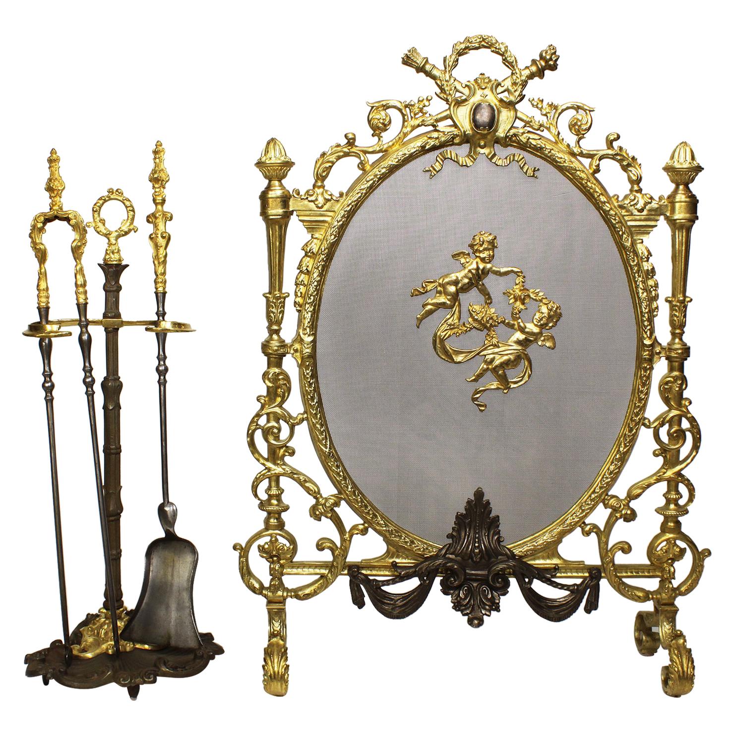 Antique French Louis XV Style Bronze Figural Fireplace Mantle Tool Set ...