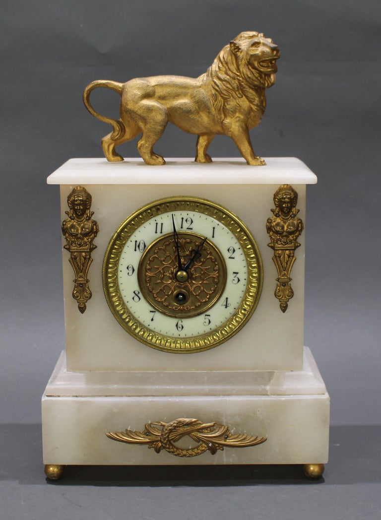 French 19th c. Alabaster Lion Mantle Clock at 1stDibs