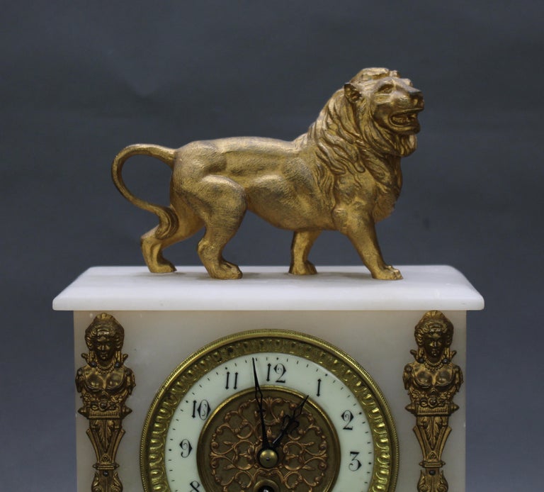 French 19th c. Alabaster Lion Mantle Clock at 1stDibs