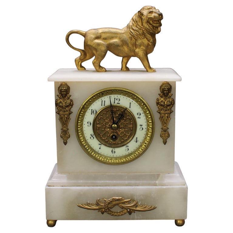 French 19th c. Alabaster Lion Mantle Clock at 1stDibs