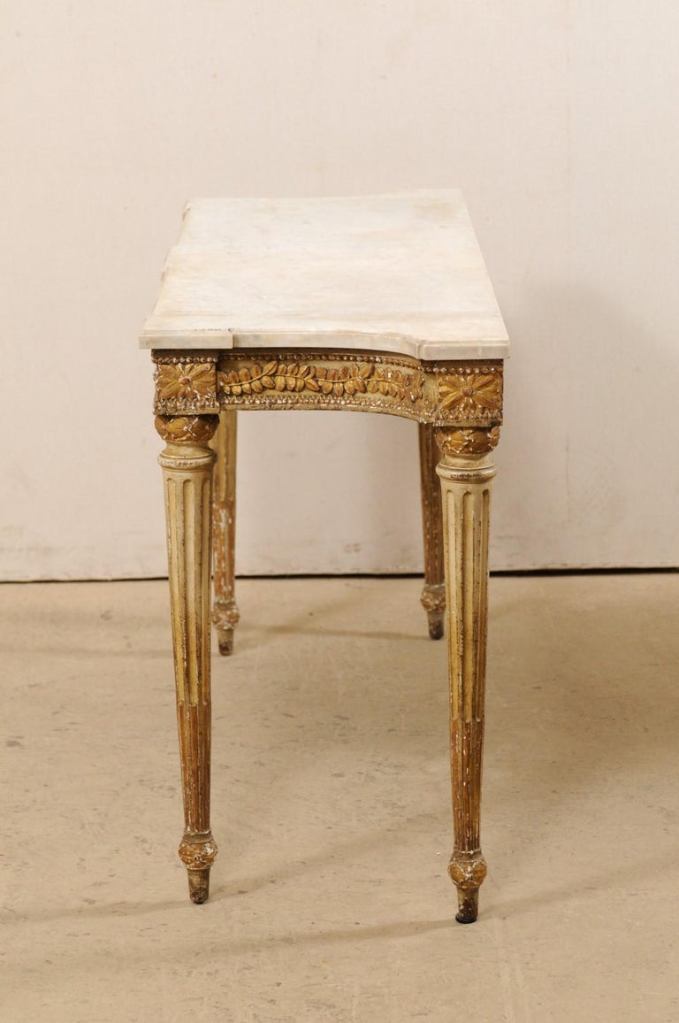 French Carved Wood Slender Console Table with Marble Top and Fluted ...