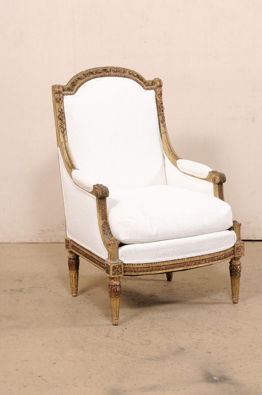 French 19th C Louis XVI Style Upholstered and Carved-Wood Bergère Chair at 1stDibs