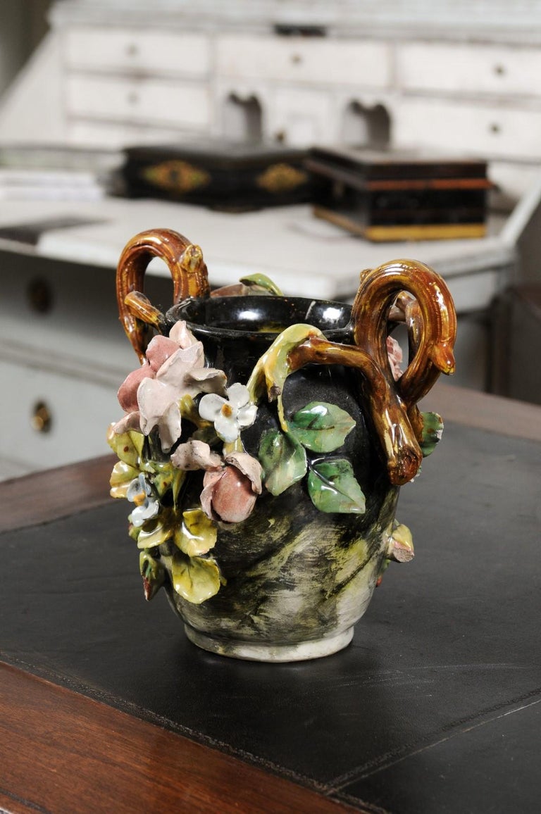 French 19th Century Barbotine Vase with High Relief Pastel Flowers and ...