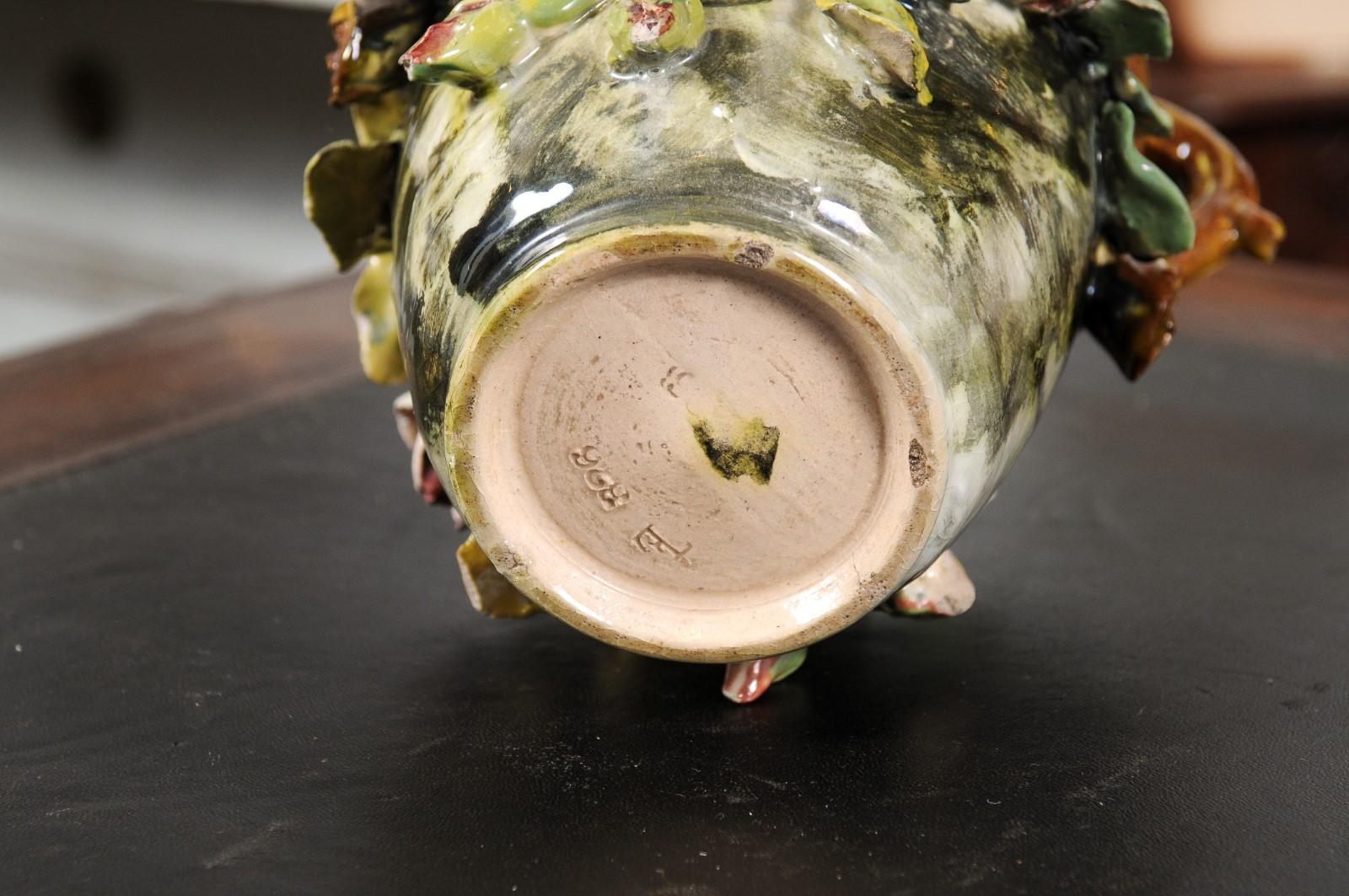 French 19th Century Barbotine Vase with High Relief Pastel Flowers and ...