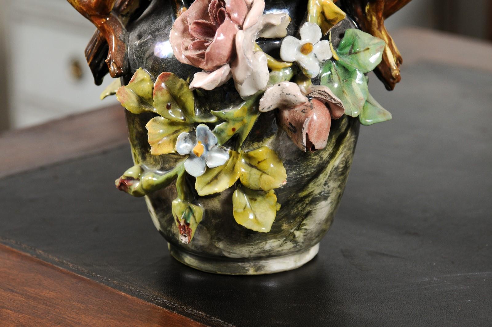 French 19th Century Barbotine Vase with High Relief Pastel Flowers and ...
