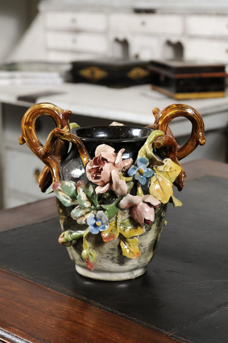 French 19th Century Barbotine Vase with High Relief Pastel Flowers and ...