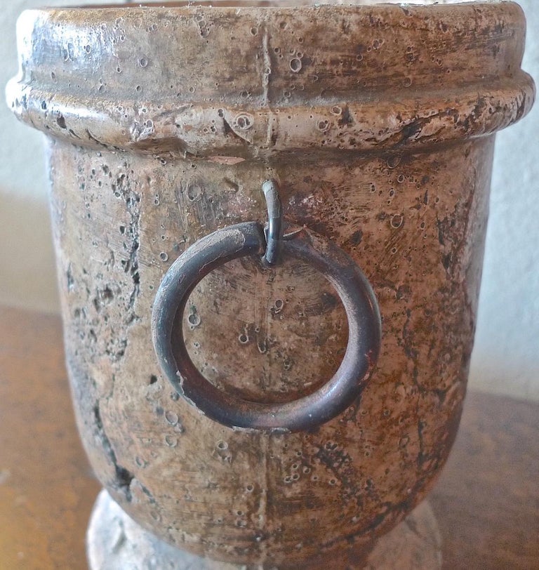 French 19th Century Clay Urn with Two Wrought Iron Handles at 1stDibs