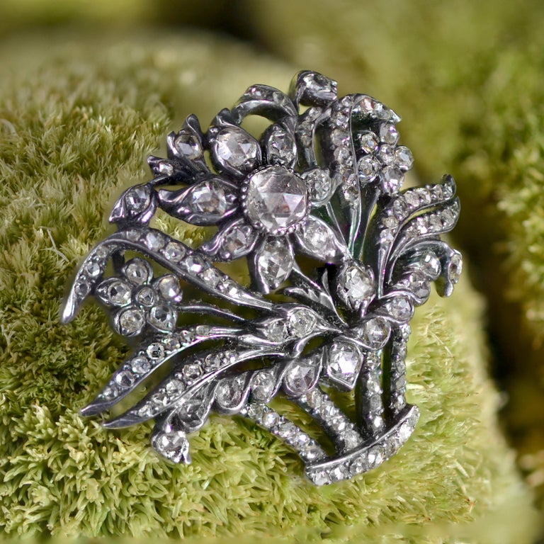 French 19th Century Diamonds 18 Karat Rose Gold Silver Bouquet Brooch ...
