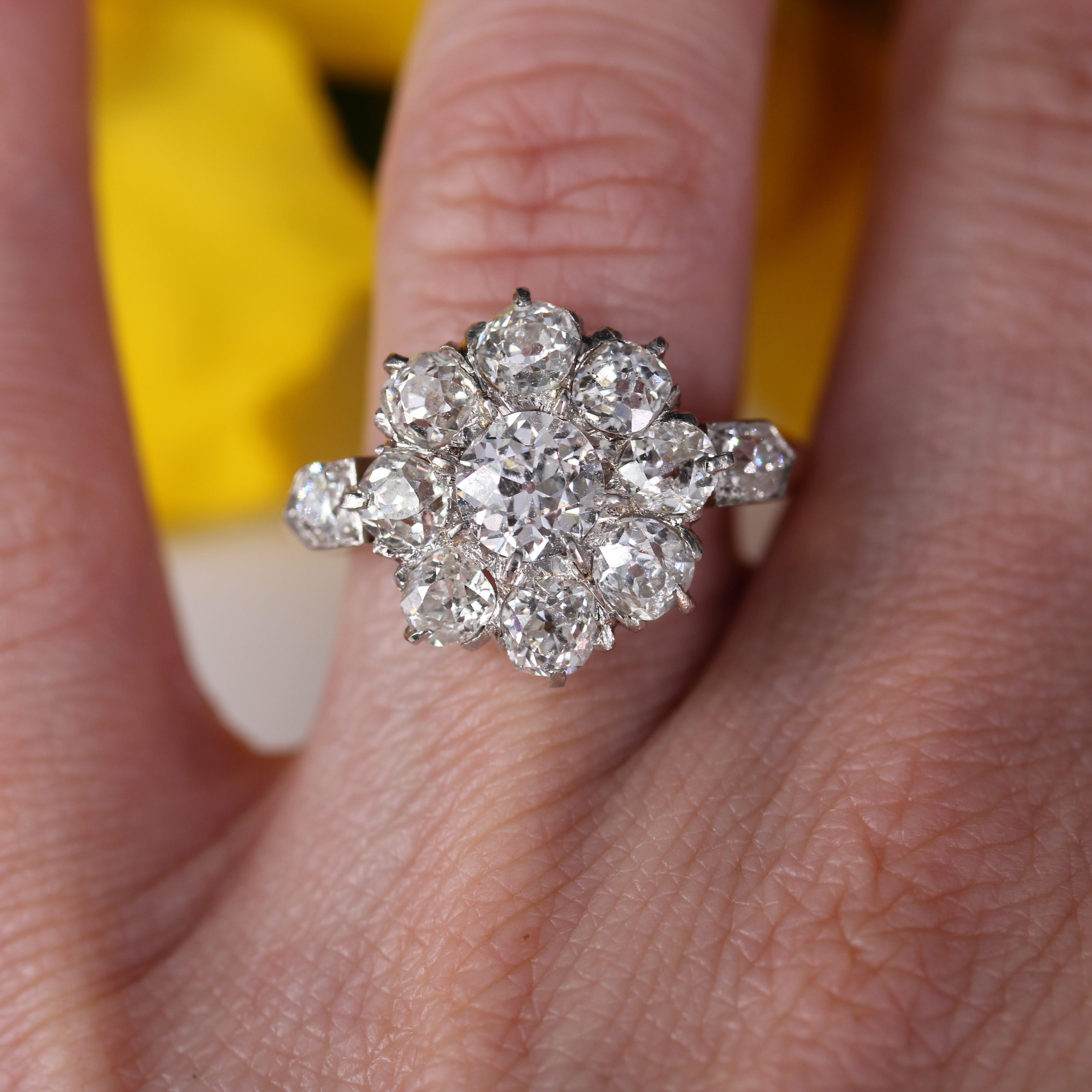 French 19th Century Diamonds 18 Karat Yellow Gold Platinum Daisy Ring ...
