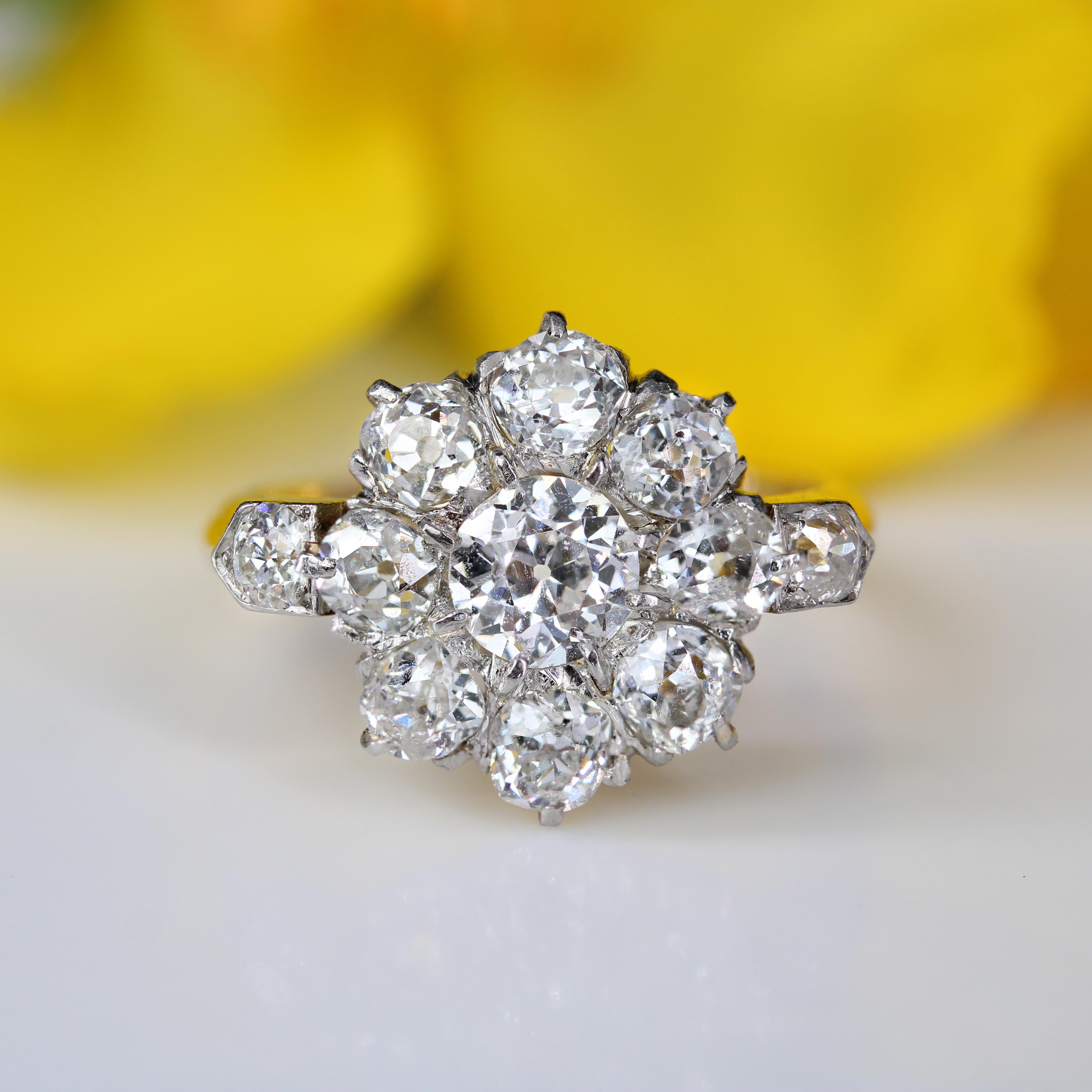 French 19th Century Diamonds 18 Karat Yellow Gold Platinum Daisy Ring ...